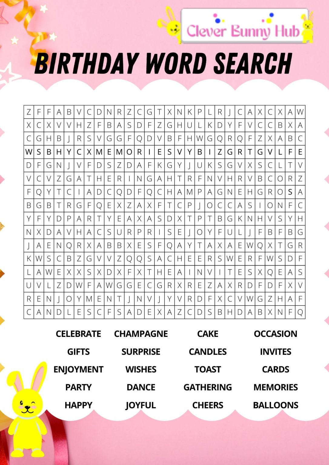 Easy Printable Birthday Word Search - The XO Factor